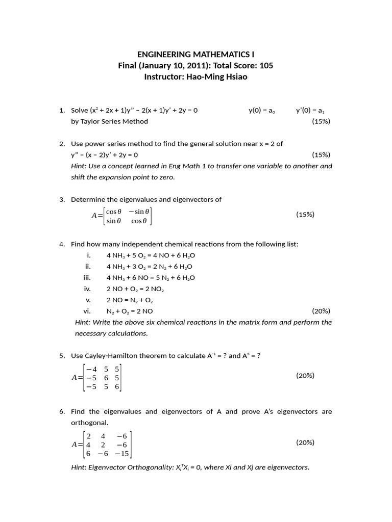 Engineering Math 1 Final 011011 | PDF