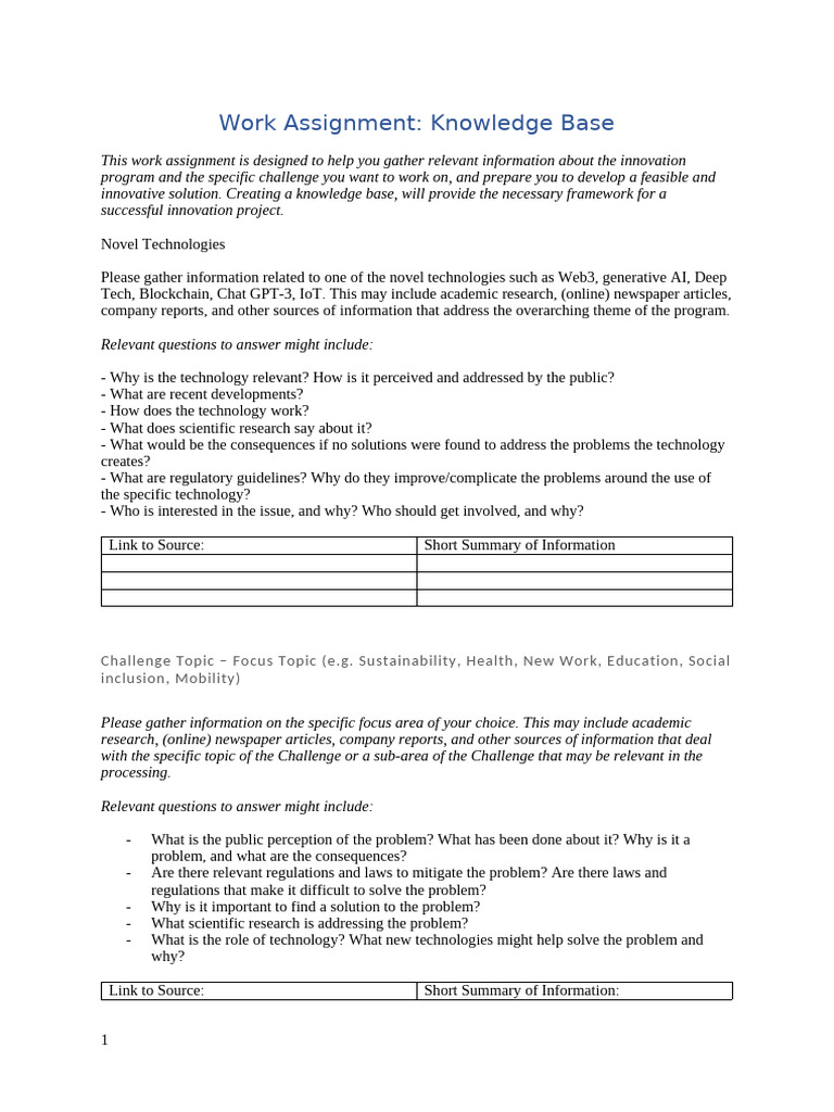 Work Assignment - Knowledge Base - SFT Vol.4 - EN | PDF