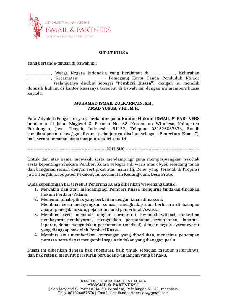 Format Surat Kuasa Gugatan Waris Atau Tanah | PDF