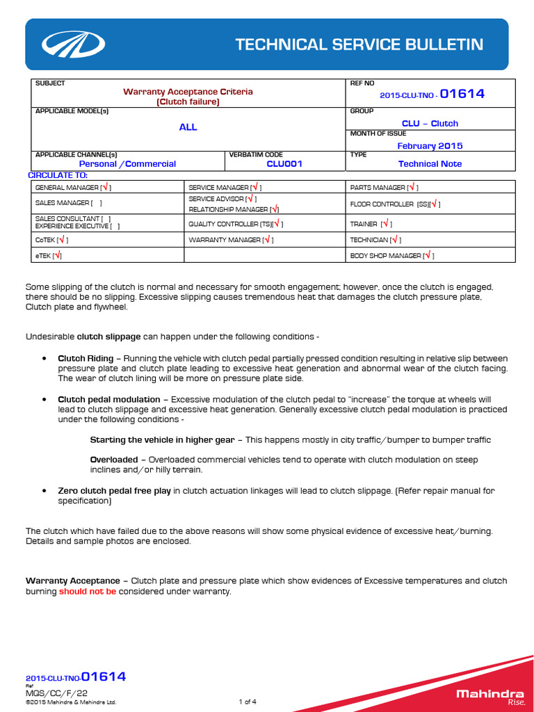 2-TSB 2015 CLU TNO 01614 Warranty Acceptance Clutch Failure. | PDF
