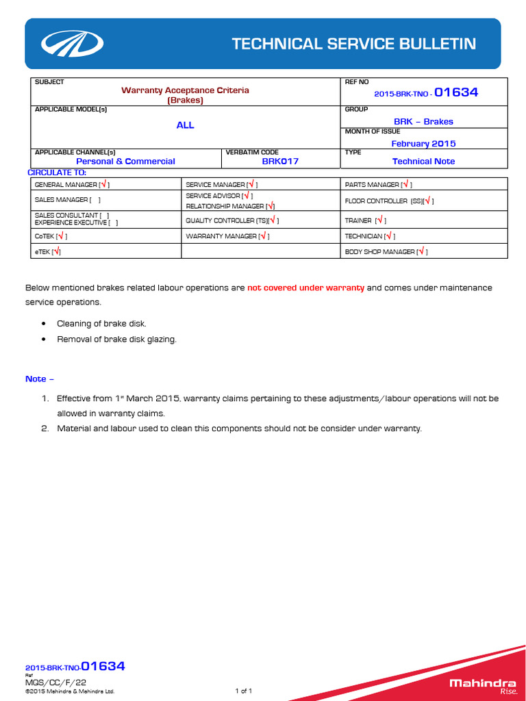4-TSB 2015 BRK TNO 01634 Warranty Accepatance Brakes | PDF