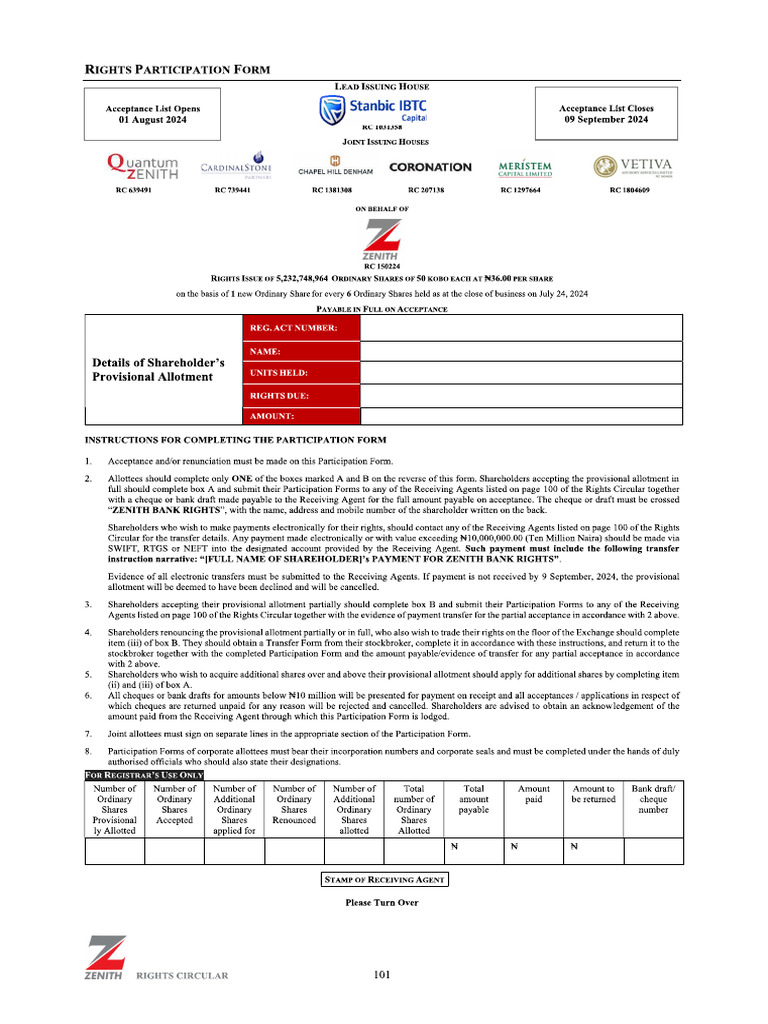 Zenith Bank - Rights Application Form | PDF