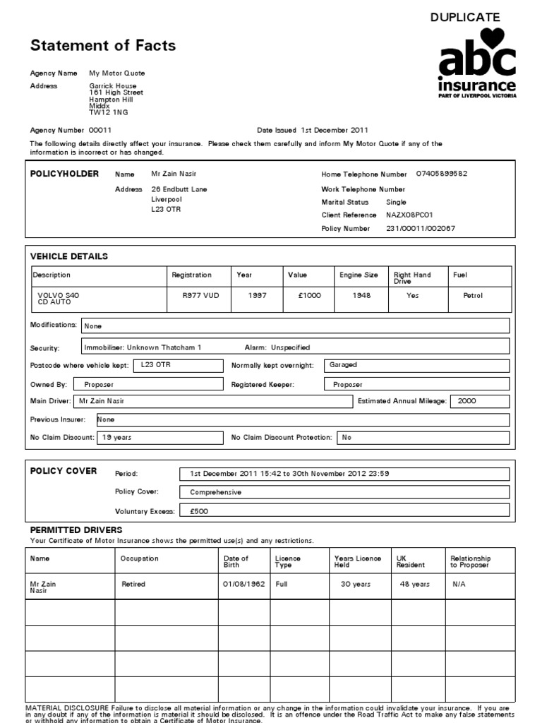 Statement of Facts: Policyholder | PDF | Vehicle Insurance | Fraud