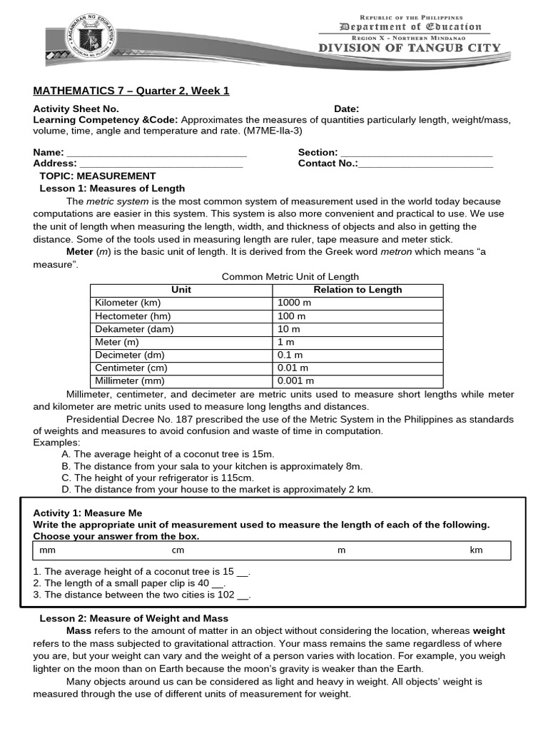 Math7 RBI SLM Q2 Wk1 With Answerkey | PDF
