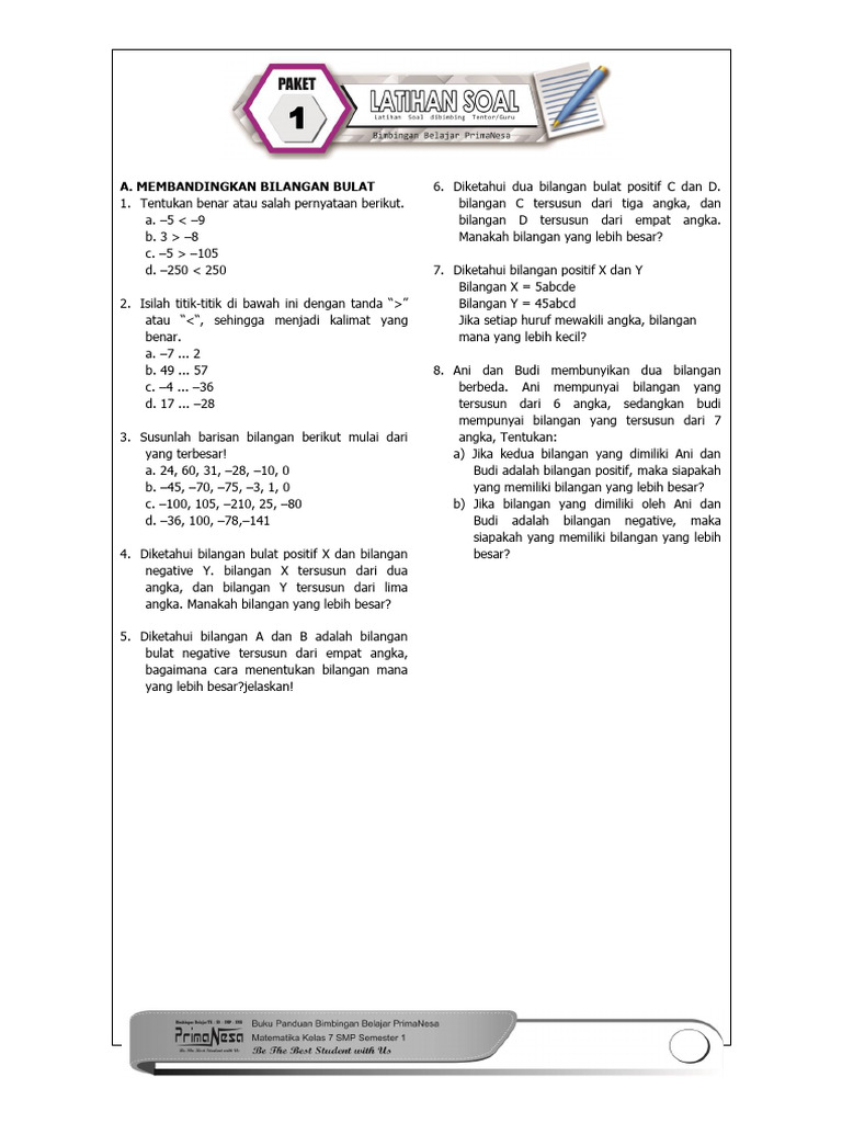 Mat Bab 1 Latihan Soal 1 Bilangan Bulat | PDF