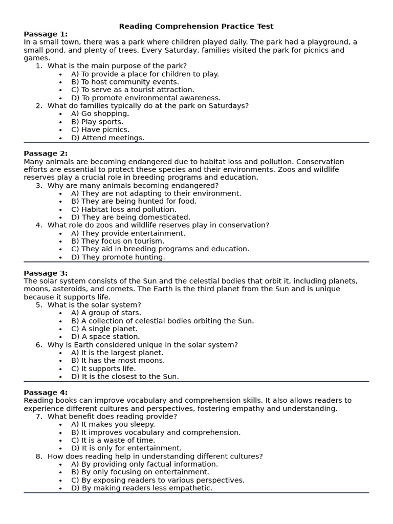 Reading Comprehension Practice Test | PDF | Healthy Diet | Solar System