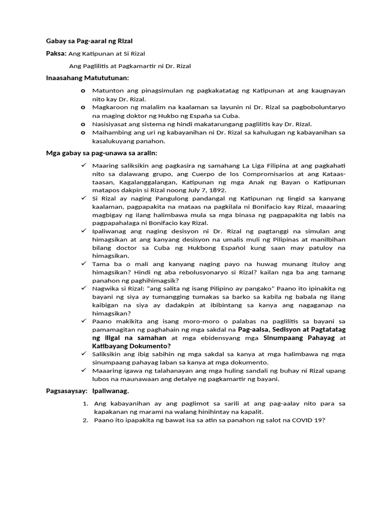 Gabay Sa Pag Aaral NG Rizal Katipunan Paglilitis at Pagkamartir | PDF