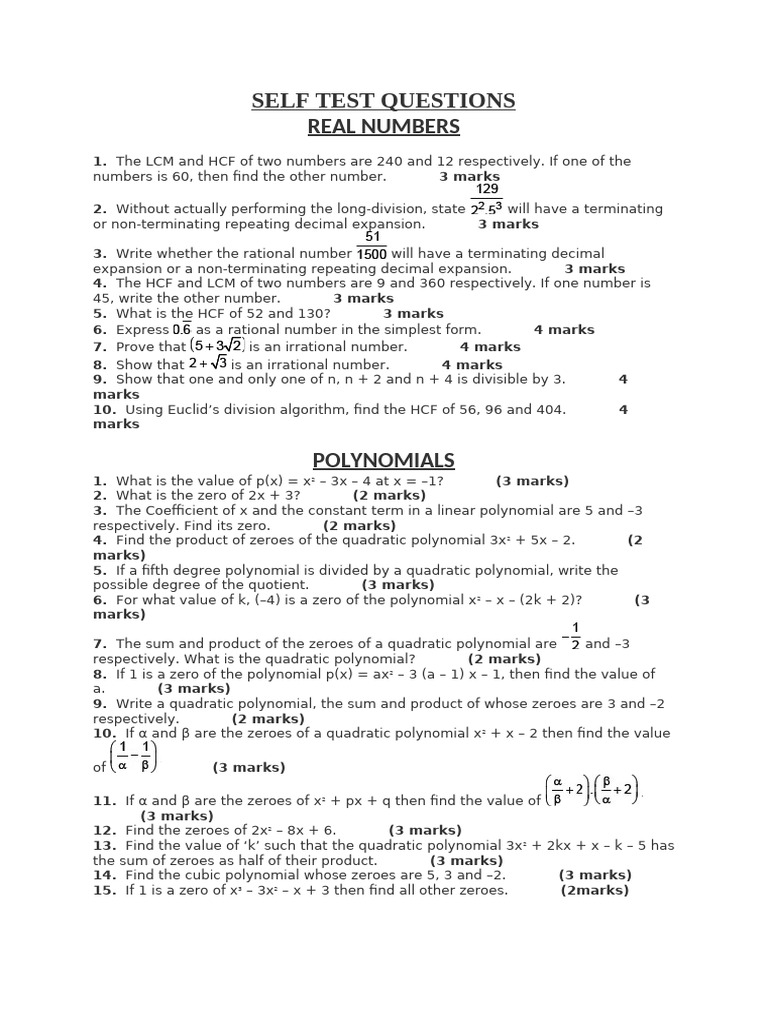 SELF TEST QUESTIONS Maths | PDF