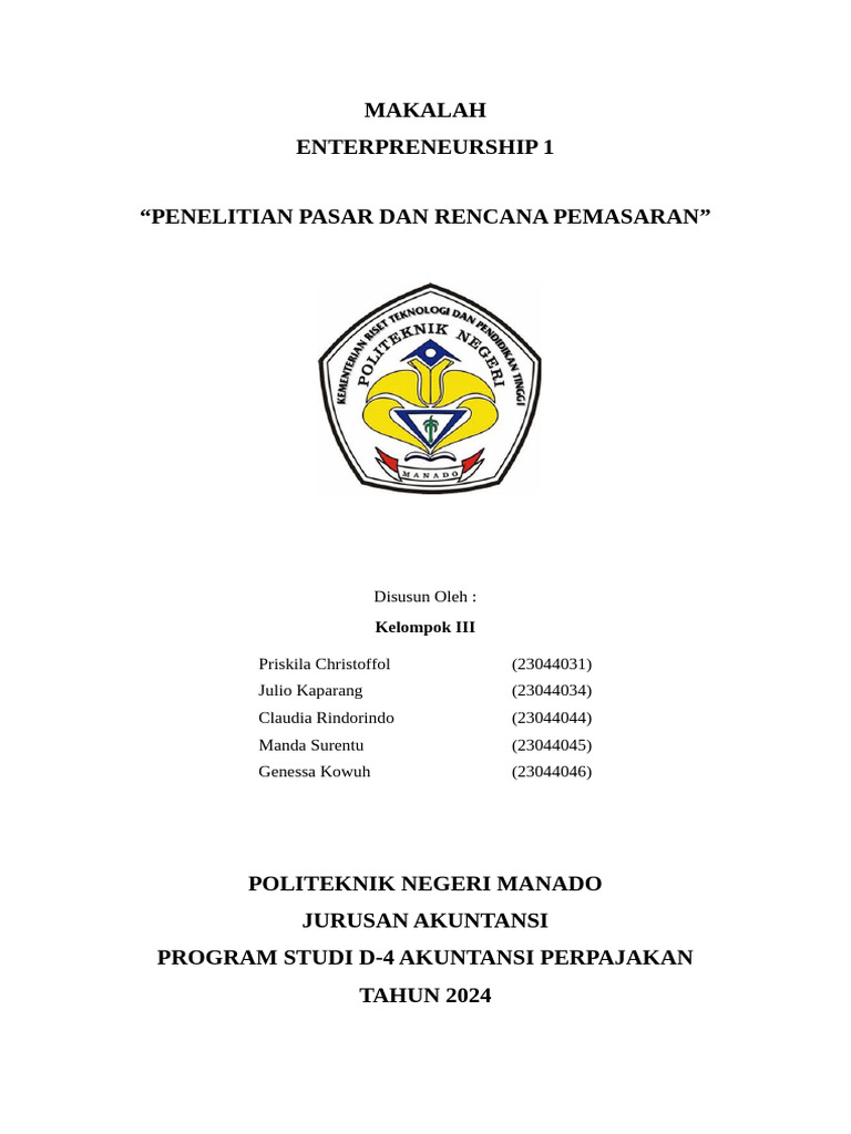 Makalah Esip 1 - Penelitian Pasar & Rencana Pemasaran (Kelompok 3) | PDF