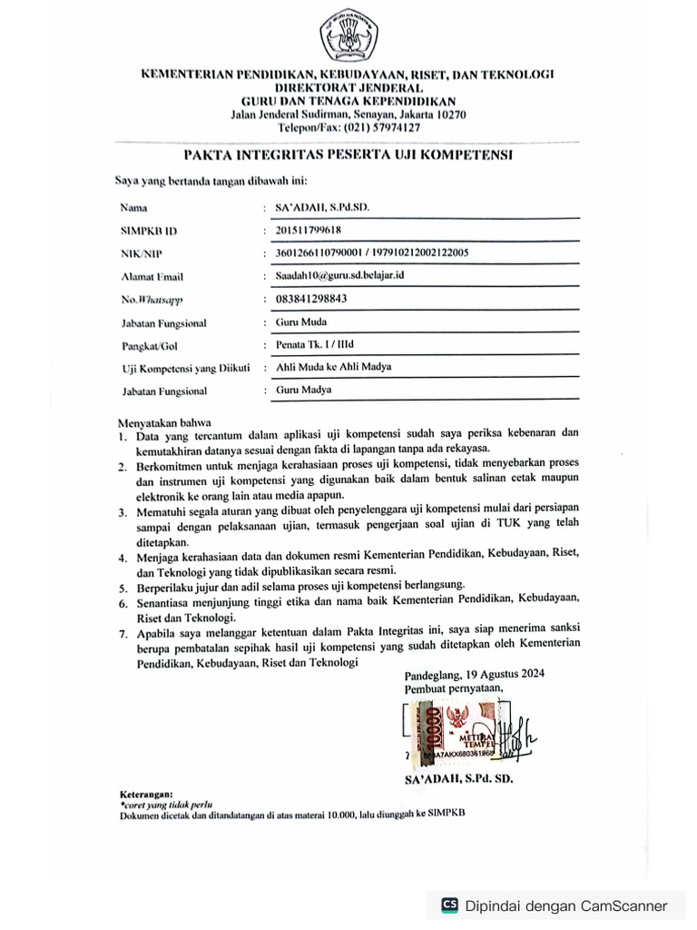 Pakta Integritas Peserta Uji Kompetensi | PDF
