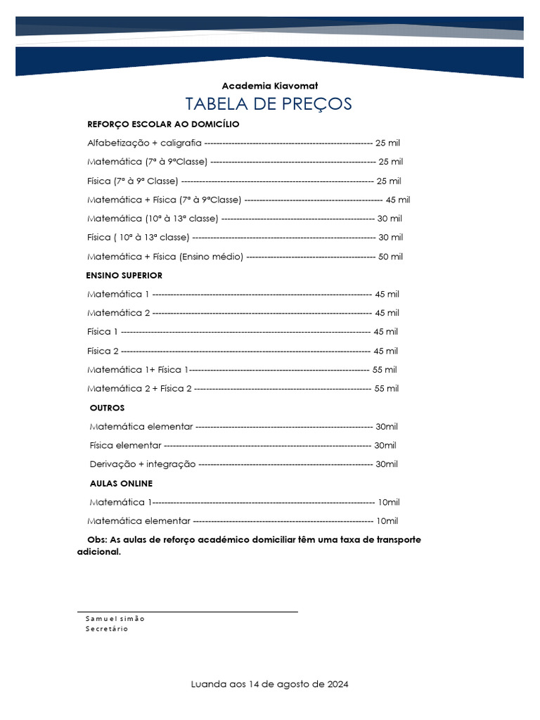Tabela de Preços 2024 | PDF