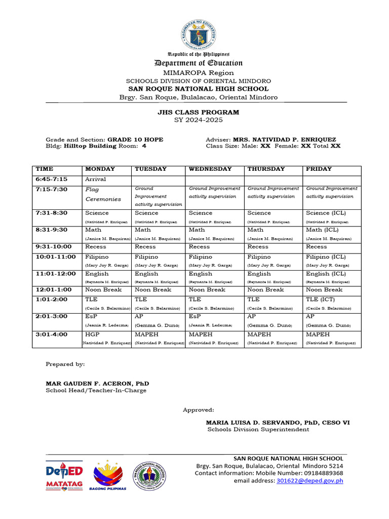Grade 10 Class Program 2024-2025 | PDF | Philippines | Public ...