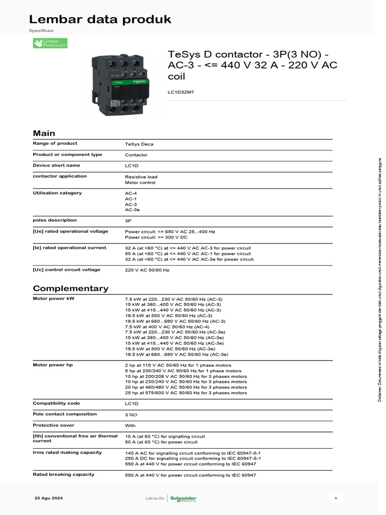 Schneider Electric - TeSys-Deca-contactors - LC1D32M7 | PDF