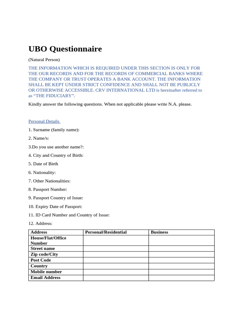 A. A. 5 UBO Questionnaire | PDF