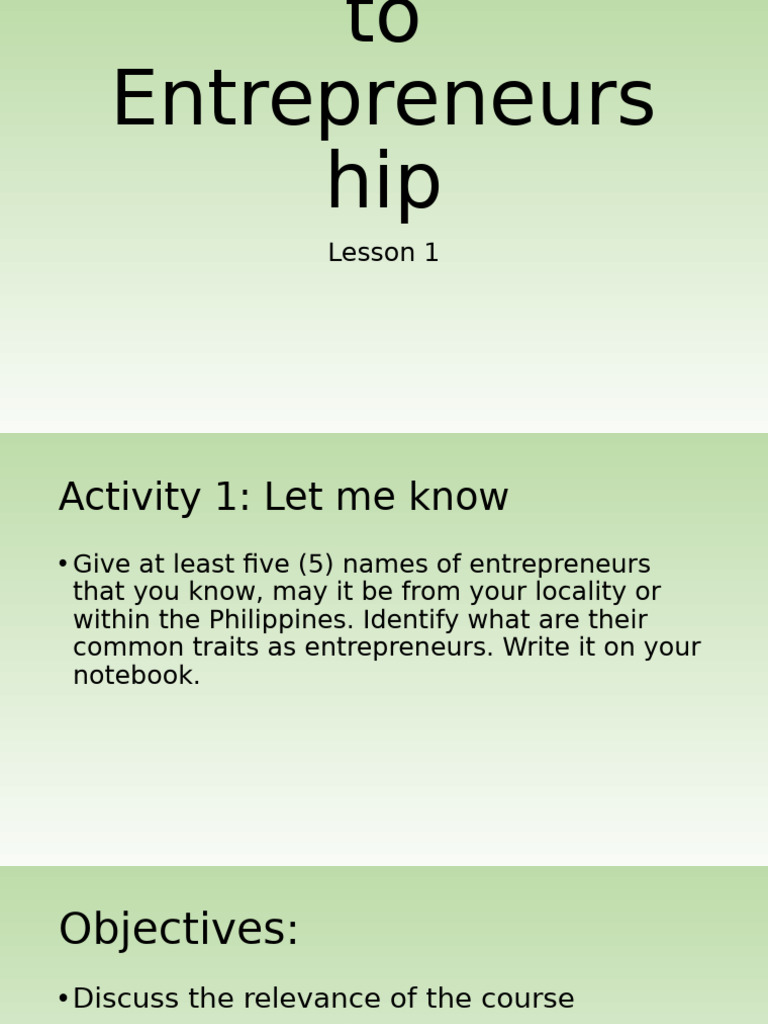 Entrepreneurship Lesson 1 | PDF