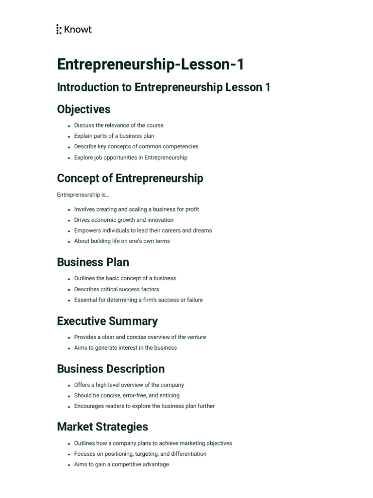 Entrepreneurship-Lesson-1 Notes - Knowt | PDF | Entrepreneurship ...