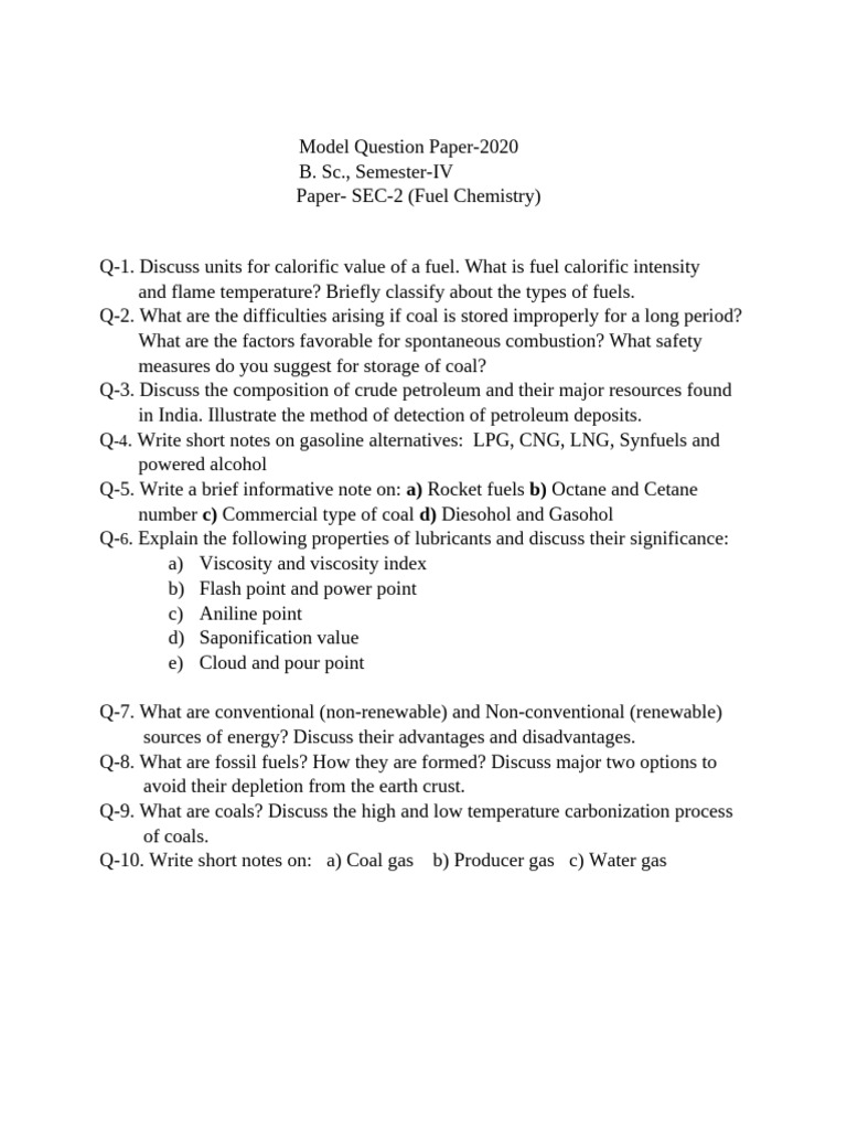 Model Question Paper - BSc4 Semester Fuel Chemistry | PDF