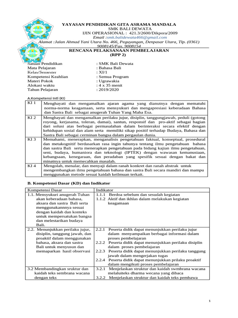RPP Bahasa Bali Artikel Basa Bali | PDF
