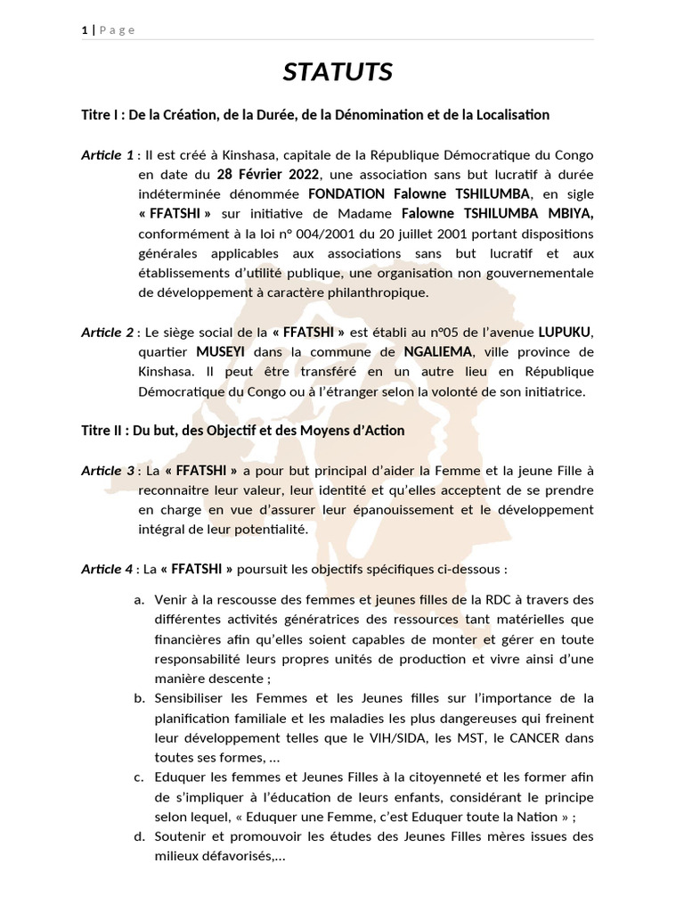 STATUTS FFATSHI - Negda | PDF