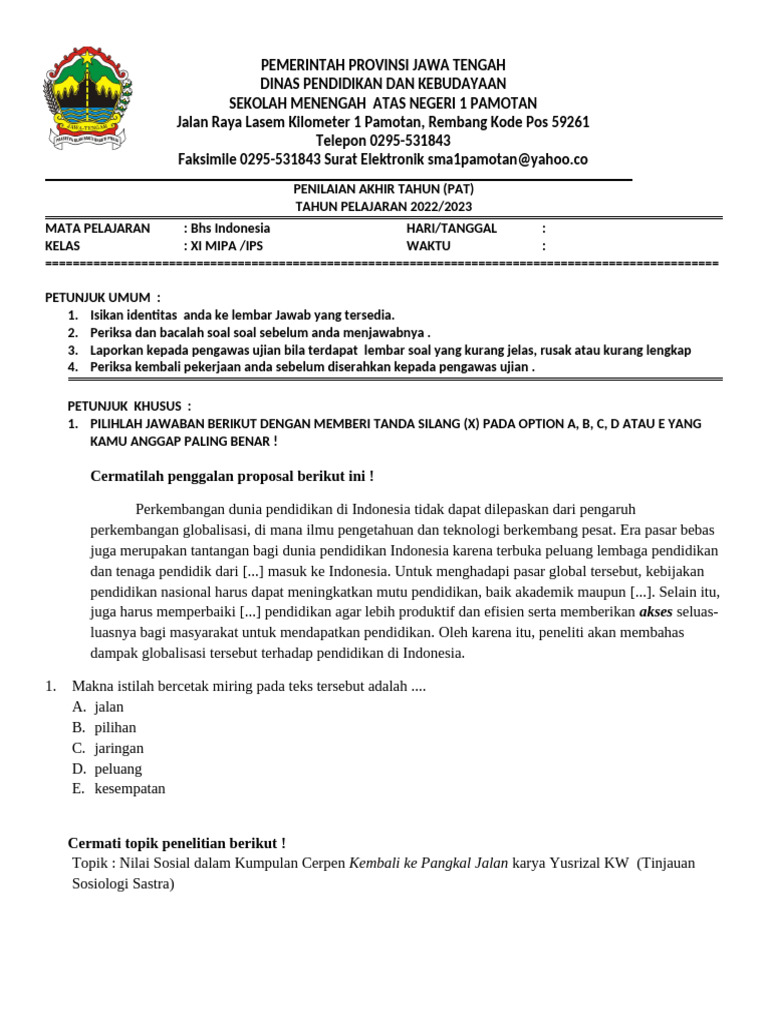 Soal Bhs Indo Klas Xi Pat 22-23 | PDF