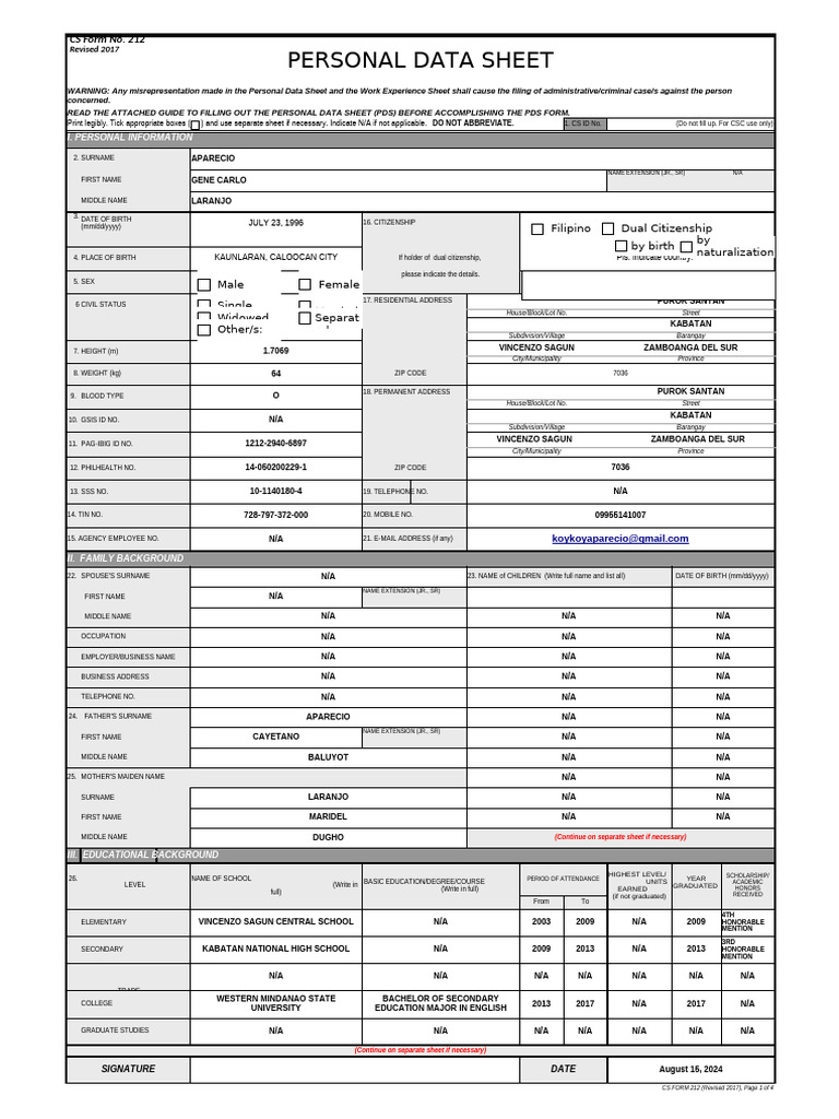 CS Form No. 212 Personal Data Sheet Revised | PDF