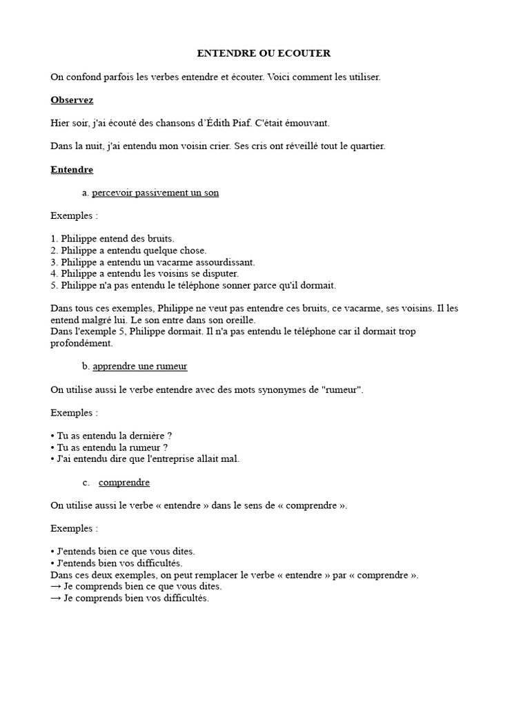 Lecon Entendre Ou Ecouter | PDF