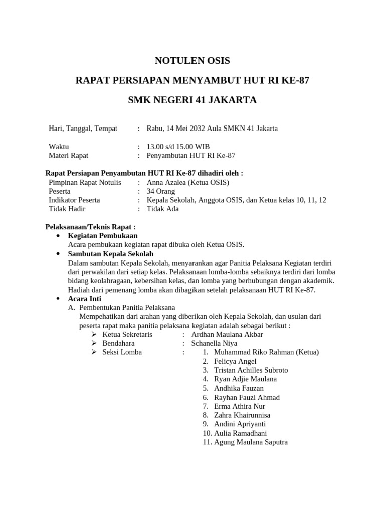 NOTULEN OSIS - Penyambutan HUT RI Ke-87 (Ardhan Maulana Akbar) | PDF