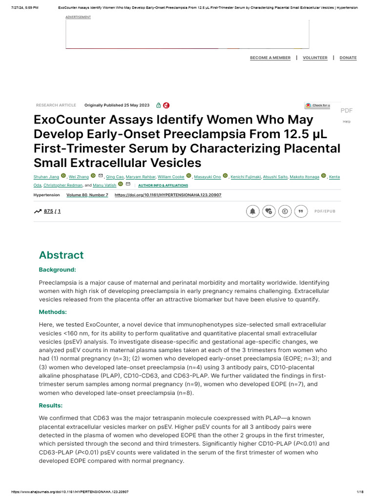 ExoCounter Assays Identify Women Who May Develop Early-Onset ...