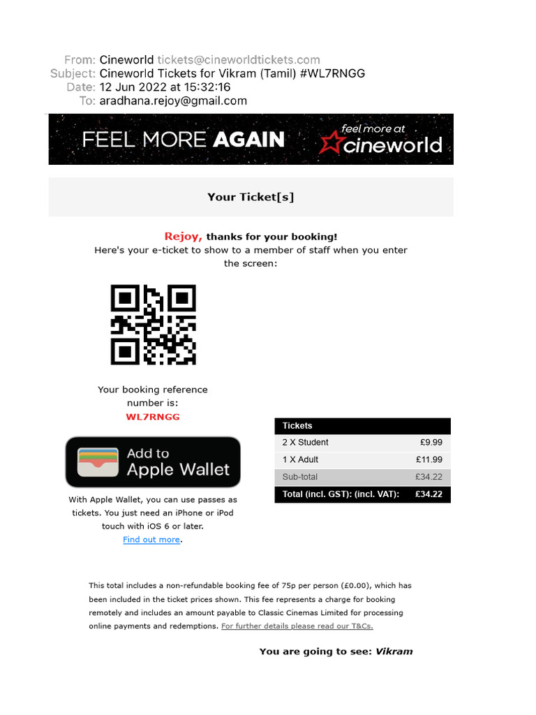 Cineworld Tickets For Vikram (Tamil) #WL7RNGG | PDF
