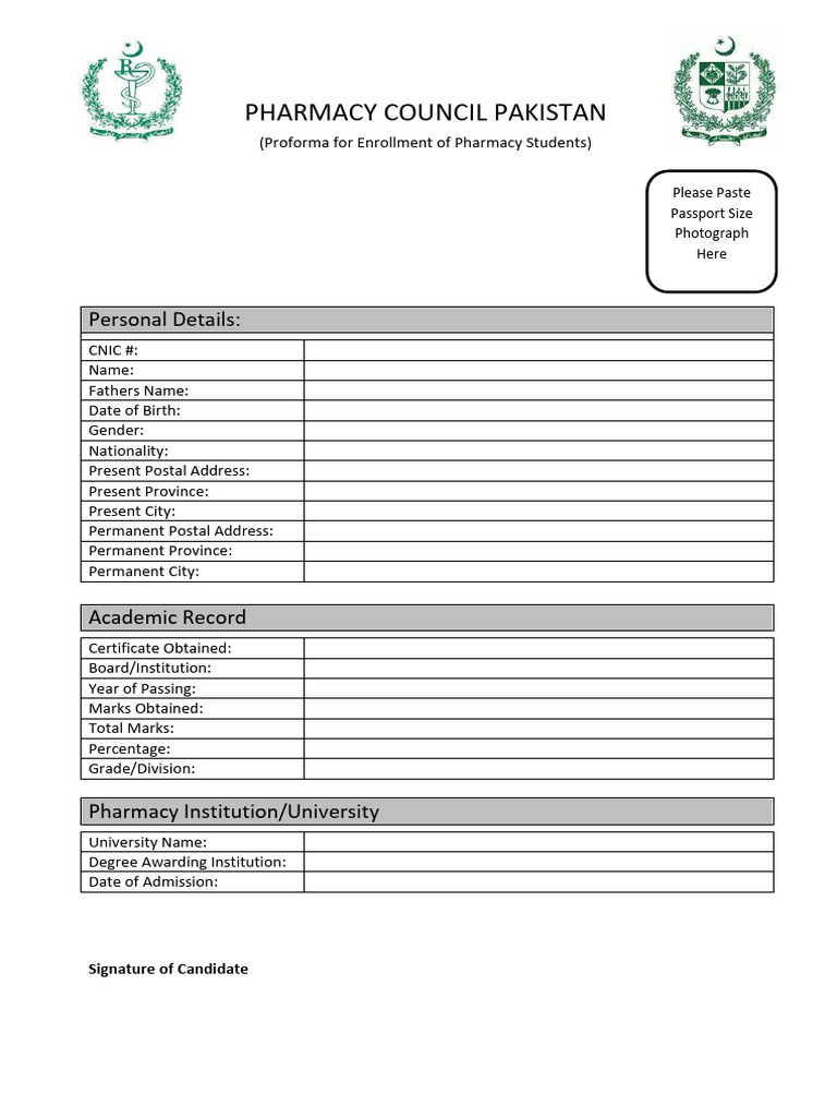 Proforma Pharmacy Council Pakistan | PDF