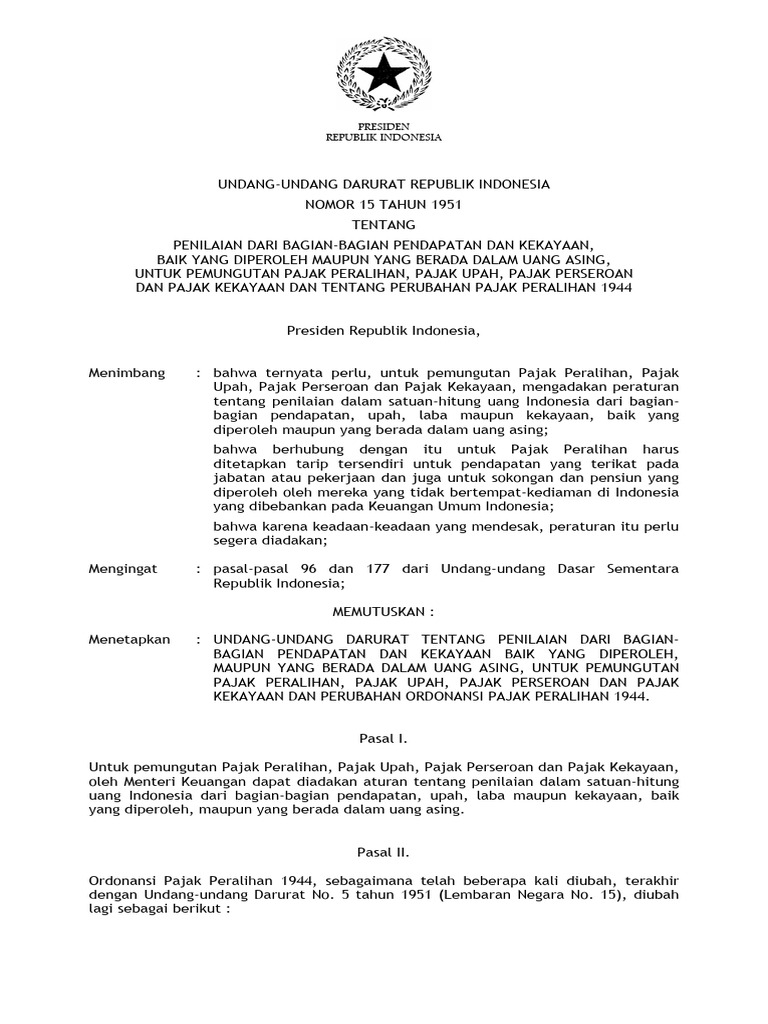UU Darurat Nomor 15 Tahun 1951 | PDF