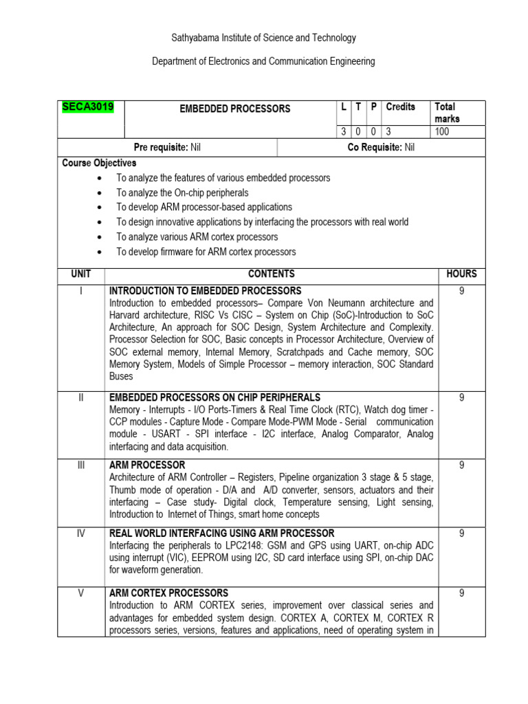 Embedded Processors Syllabus | PDF