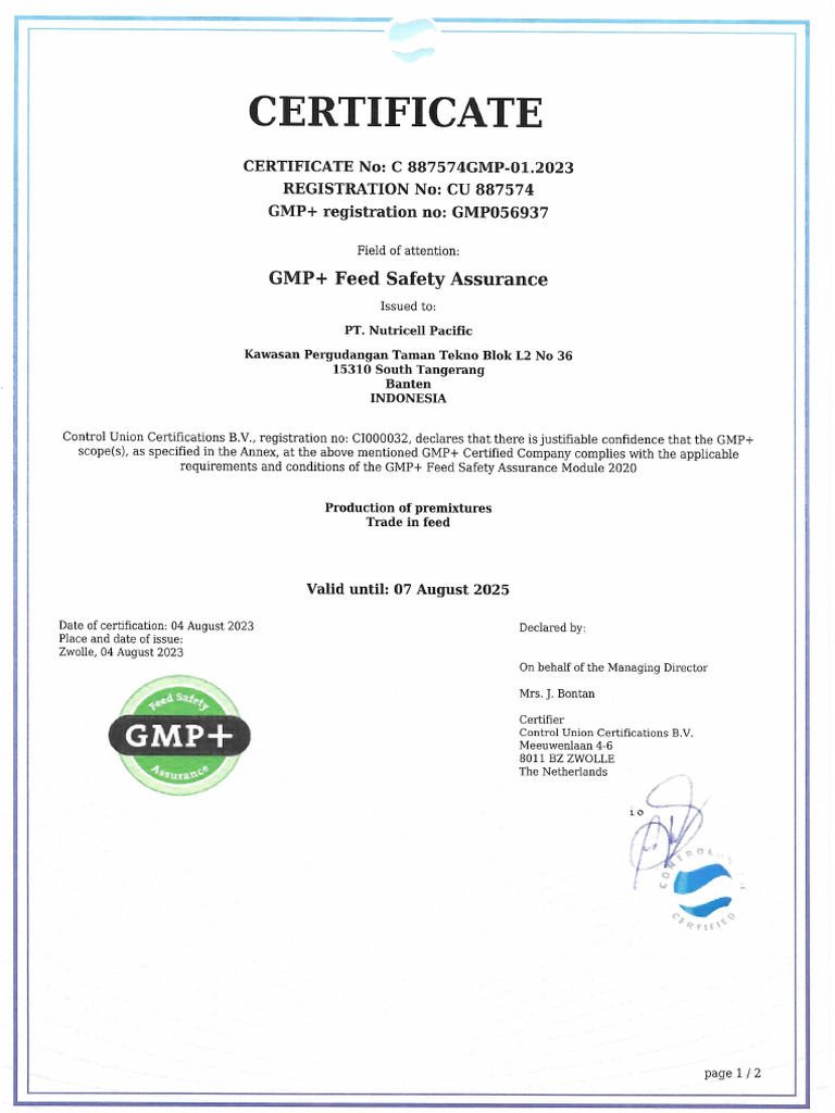 GMP+ FSA 2020 Certificate - Nutricell Pacific | PDF