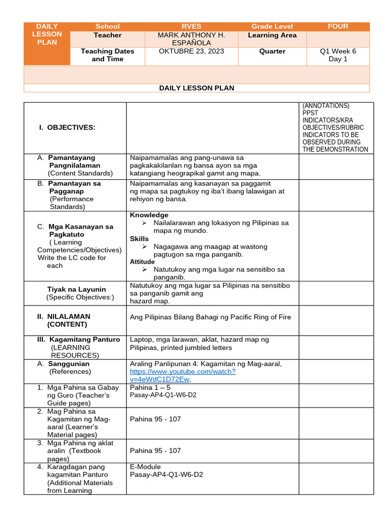 Teacher Learning Area Teaching Dates and Time Quarter: Daily Lesson ...