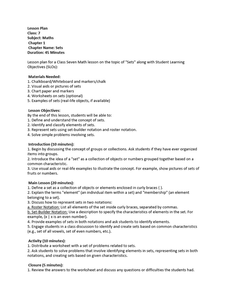 Lesson Plans Class 7 Maths | PDF