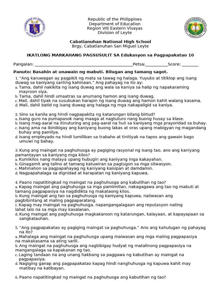 Esp 3rd Quarter Exam Pdf