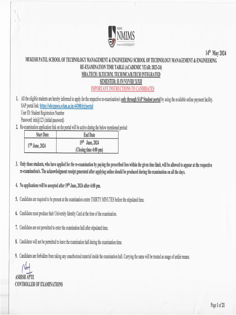 MPSTME Re Exam Time Table June 2024 h0xWi8JPyD | PDF