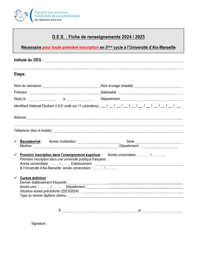 DES Fiche Renseignements 2024 2025 | PDF