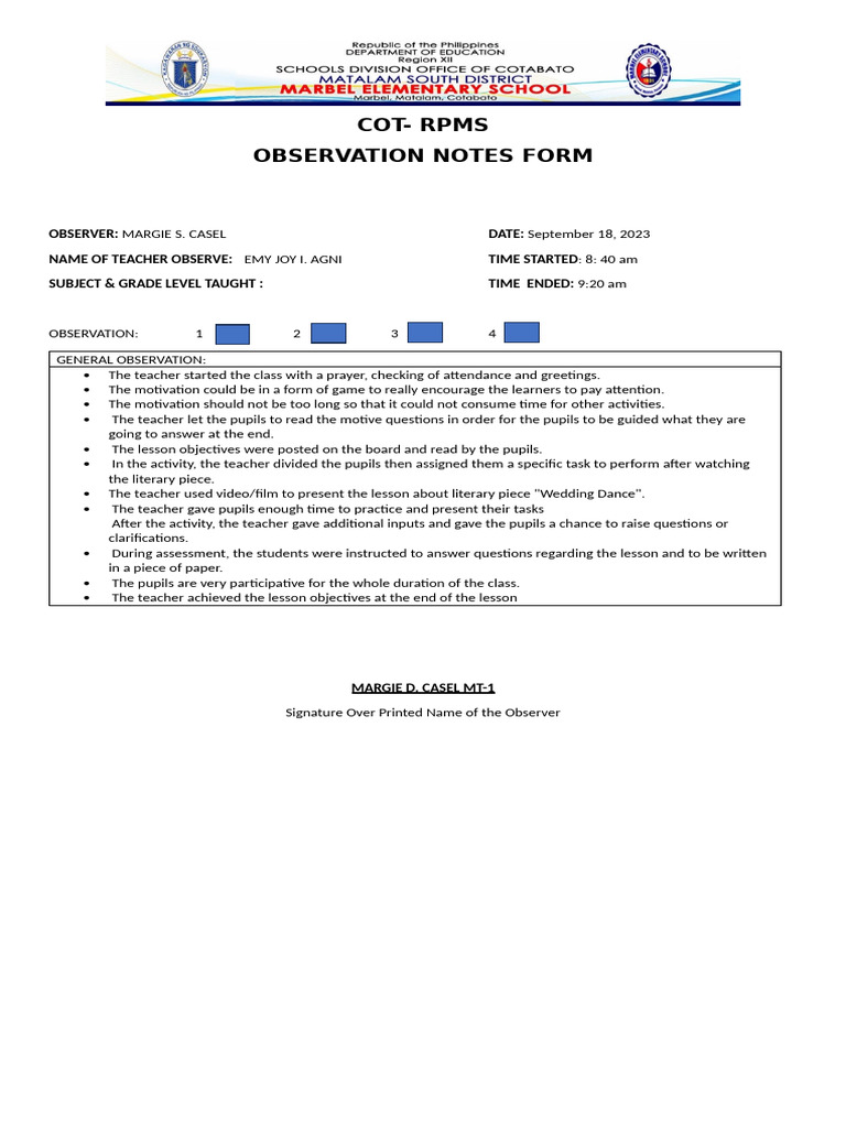 COT Rpmmms Observation Form | PDF