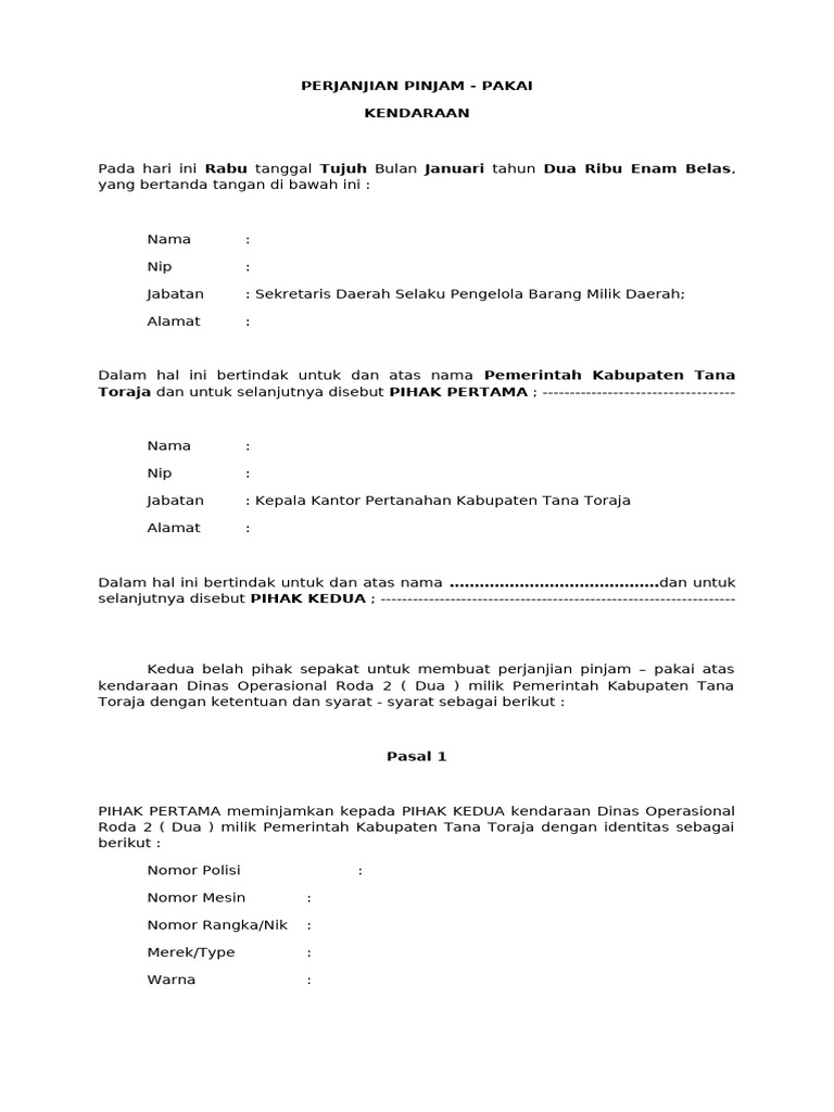 Perjanjian Pinjam Pakai Kendaraan Motor Roda Dua | PDF