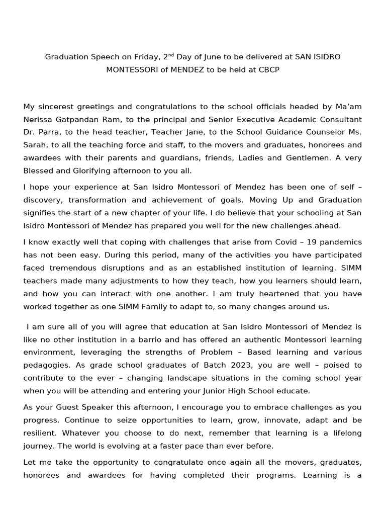 Graduation Speech | PDF | Learning | Wellness