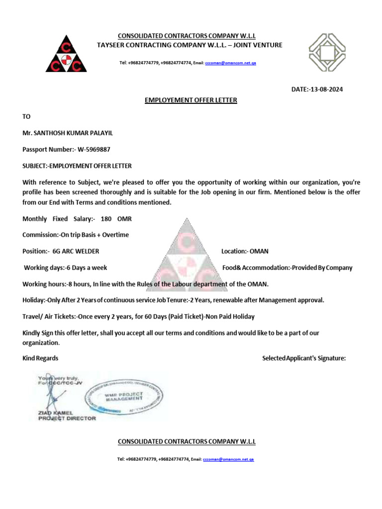 CCC Oman Offer Letter Santhosh Kumar Palayil | PDF