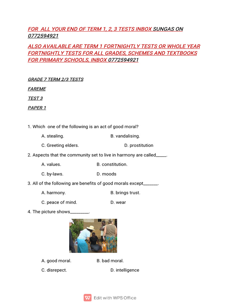 Grade 7 Fareme Test | PDF