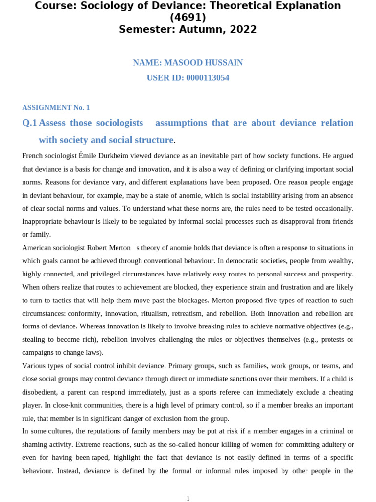 Q.1 Assess Those Sociologists Assumptions That Are About Deviance ...