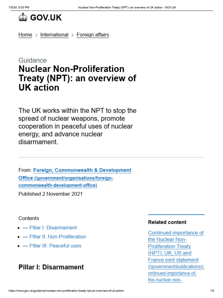 Nuclear Non-Proliferation Treaty (NPT) - An Overview of UK Action - GOV - UK | PDF