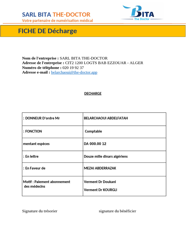 Fiche de Decharge 01 | PDF