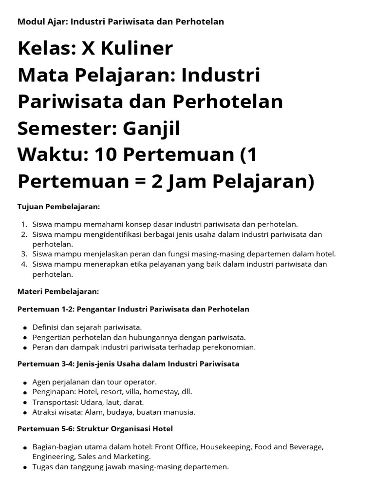 Modul Ajar Industri Pariwisata Dan Perhotelan | PDF Modul Ajar Industri Pariwisata Dan Perhotelan | PDF