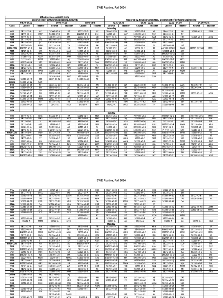 Swe Routine Fall 2024 91b582e663 | PDF