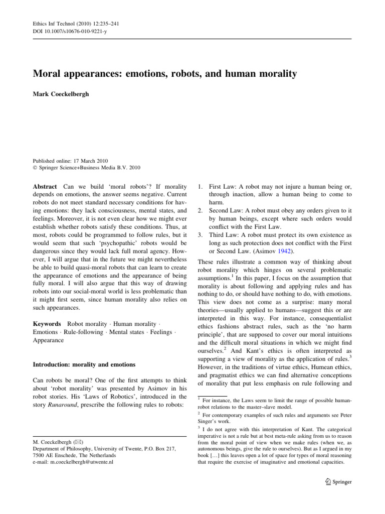 Moral Appearances Emotions Robots and Human Morality | PDF