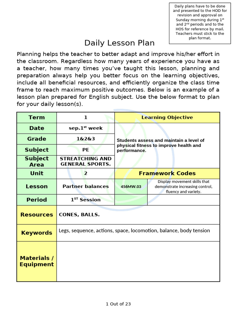 01 Daily Lesson Plans Grade (1-5) Sep Weeks | PDF